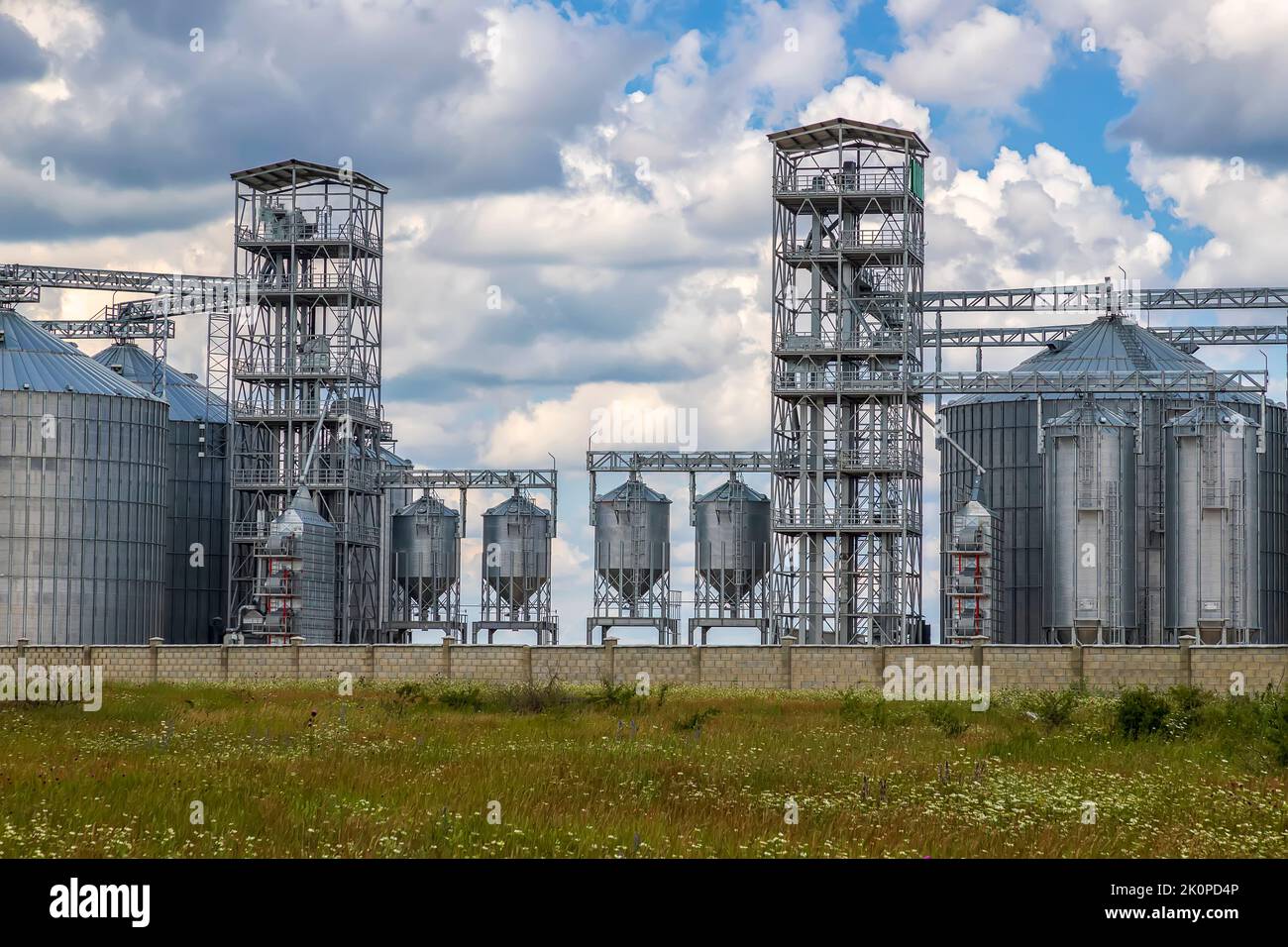 A part of modern agricultural Silo. Set of storage tanks cultivated ...