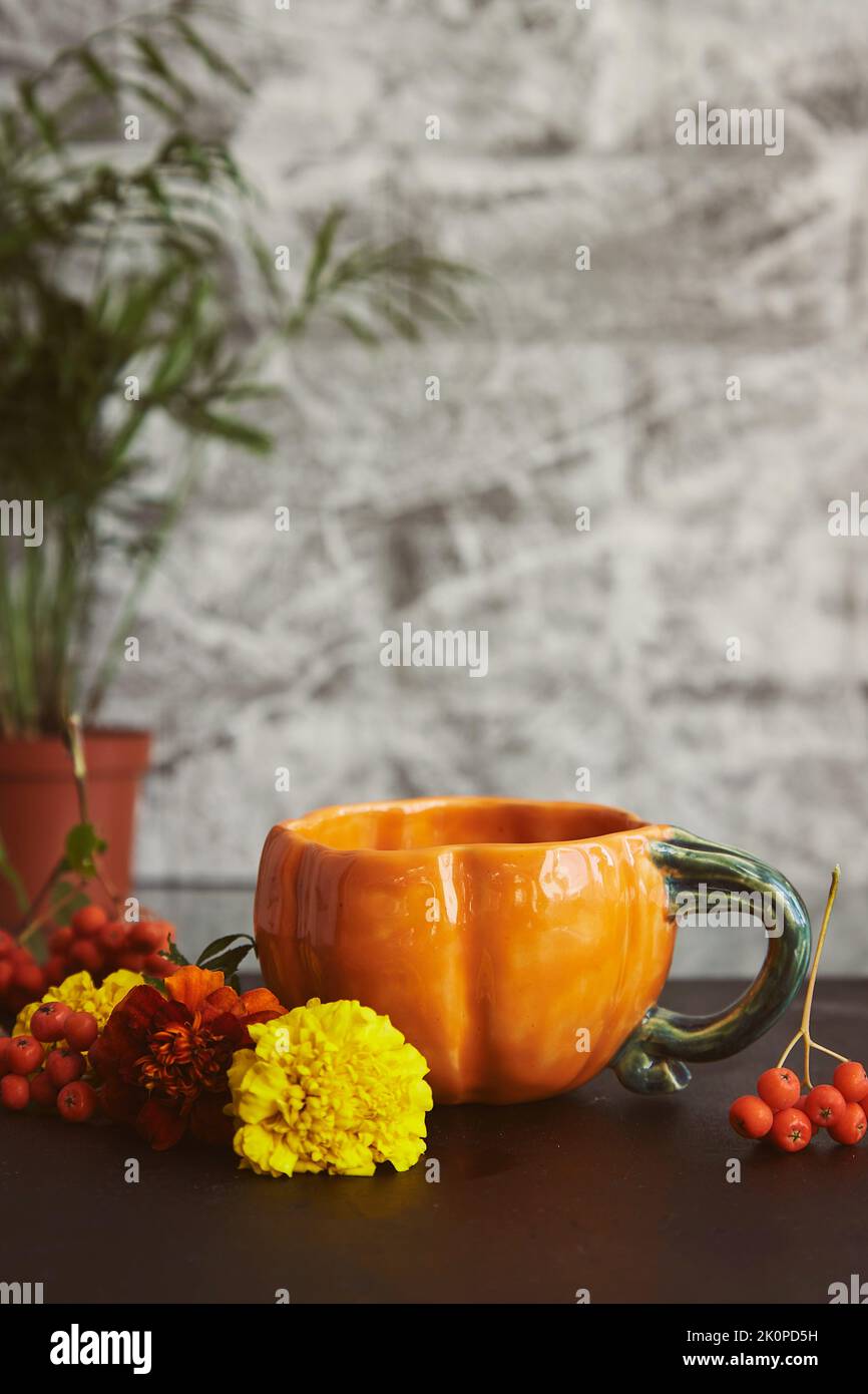 Cozy aesthetic creative cup in shape of pumpkin, herbal tea among rowan ...