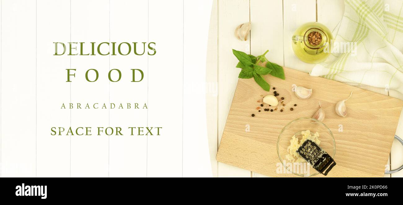 Fresh garlic and spices, sauce preparation process. Background with ...