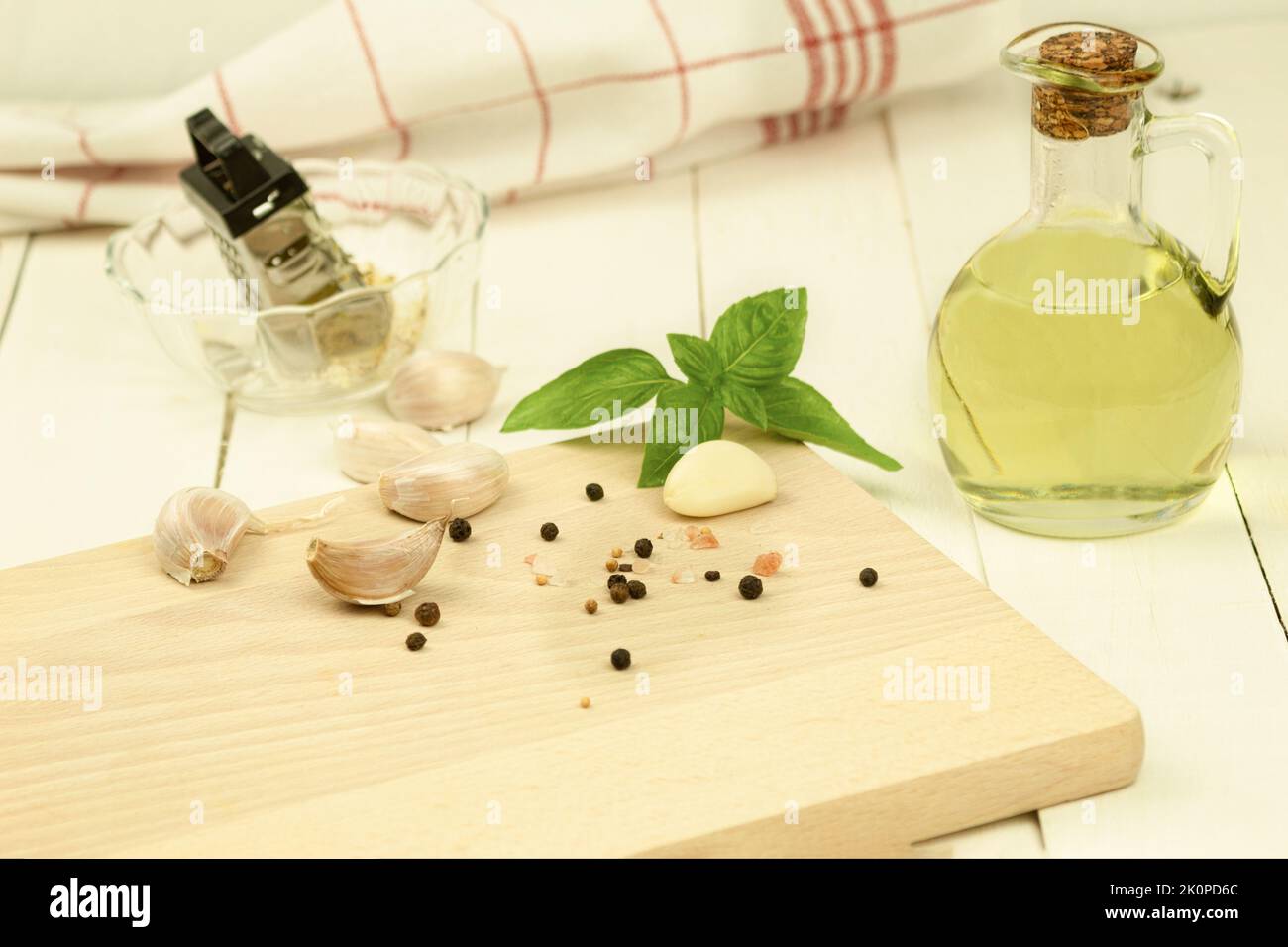 Fresh garlic and spices, sauce preparation process. Background with ...
