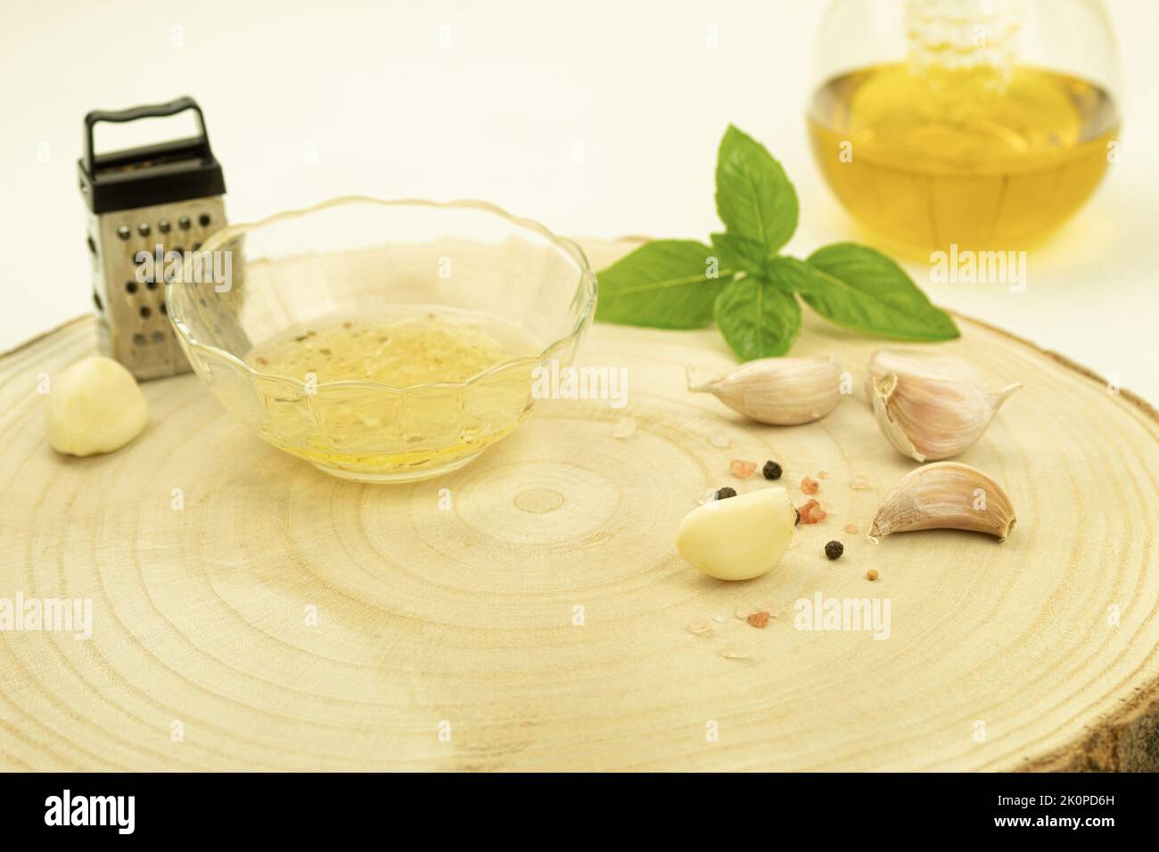 Fresh garlic and spices, sauce preparation process. Background with ...