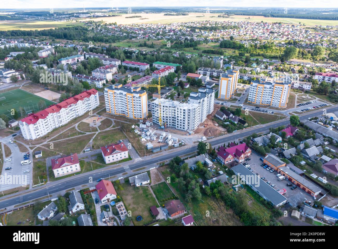 aerial panoramic view from a great height of a small provincial town ...