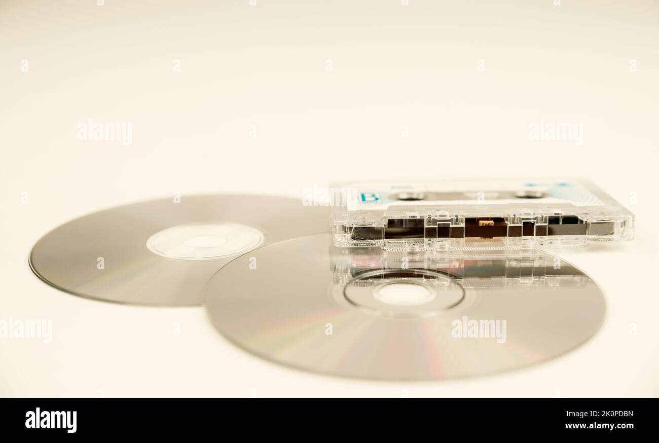 Audio cassette tape and compact discs - vintage style Stock Photo - Alamy