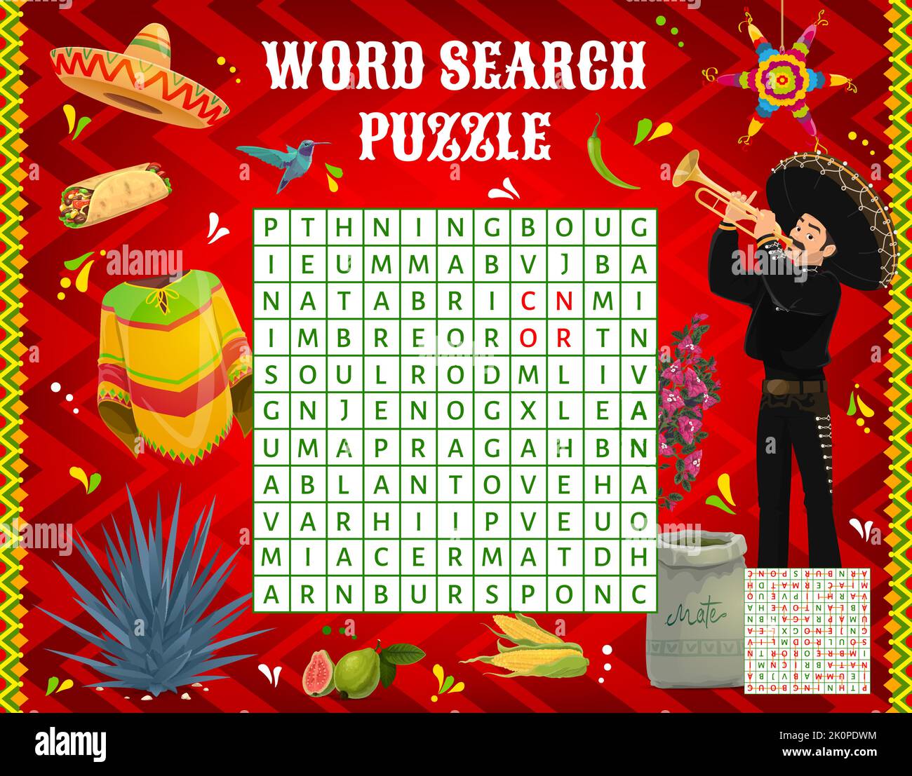 Word search puzzle vector game worksheet of mexican mariachi, food ...