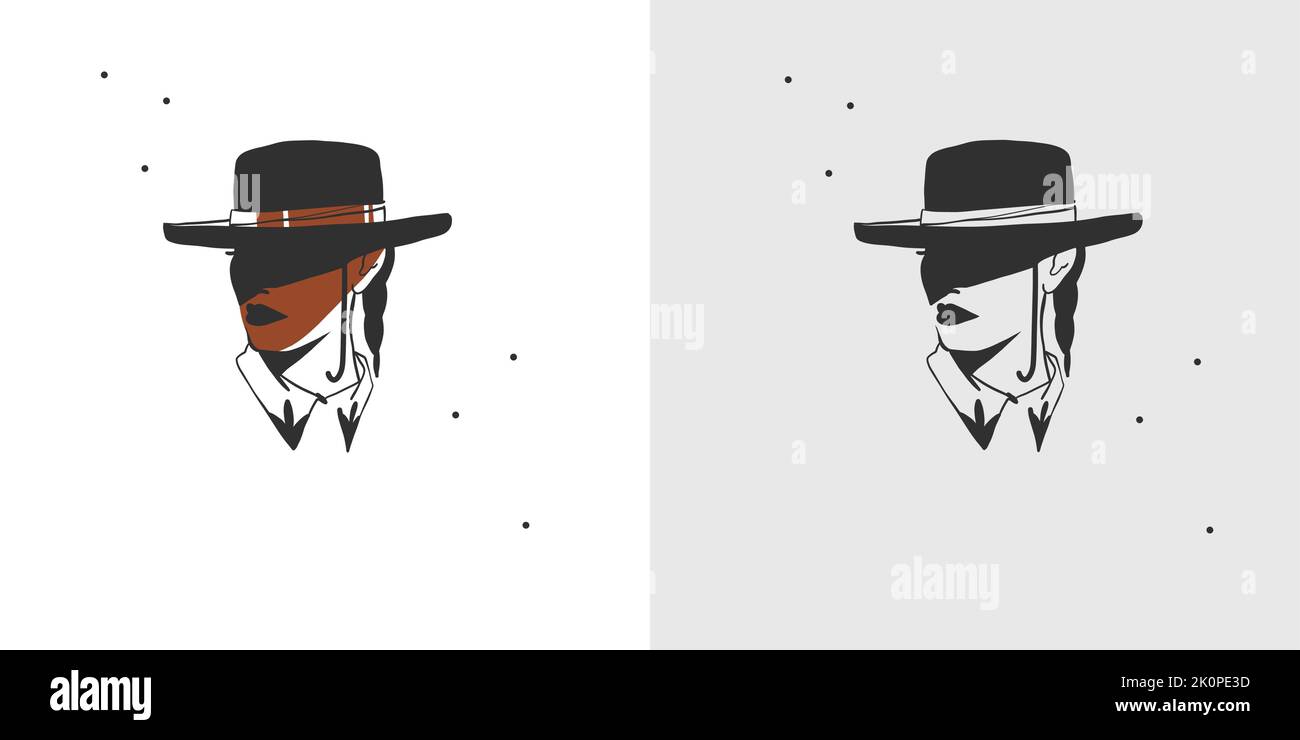 Hand drawn abstract vector graphic clipart illustration boho cowgirl in ...