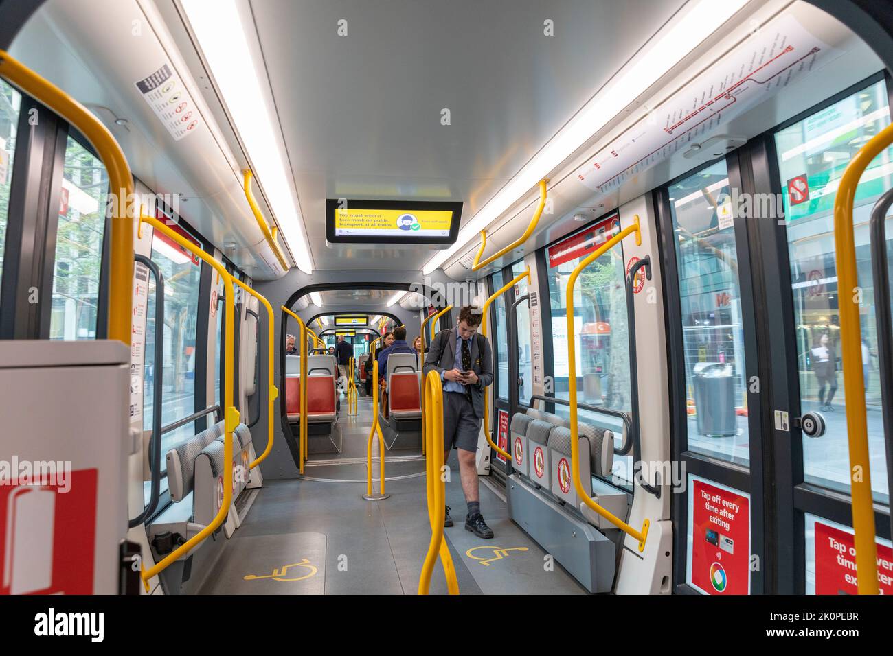 Sydney light rail train in Sydney, carriage interior with passengers ...