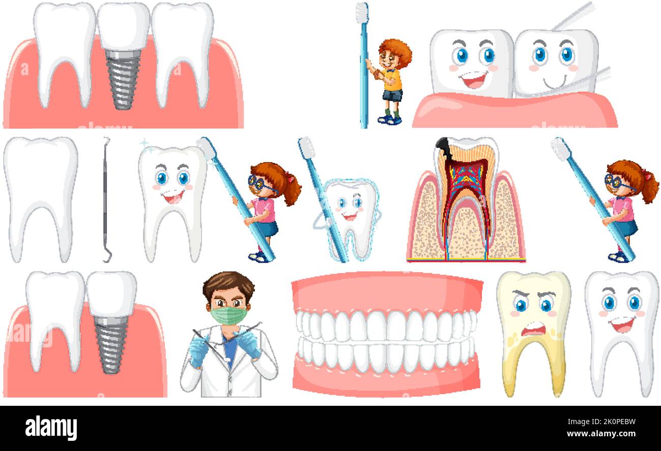 Set of dental equipments and cartoon characters illustration Stock ...