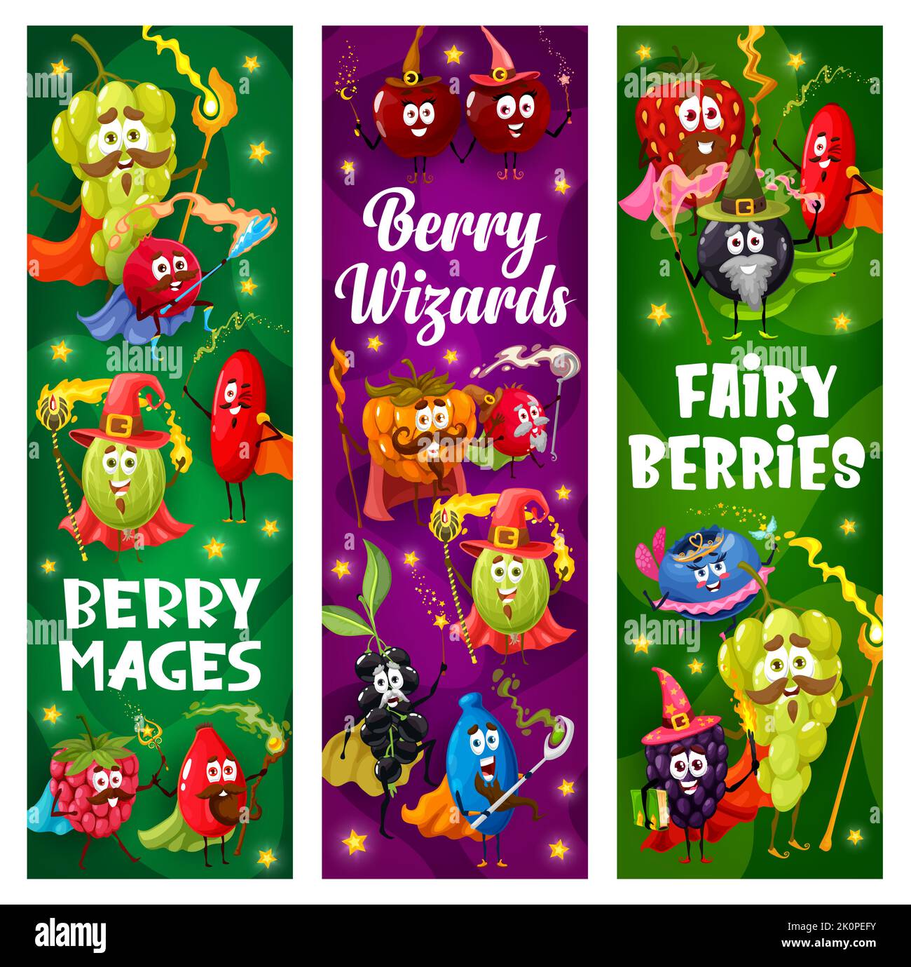 Cartoon berry wizard, mage, warlock and sorcerer characters. Vector ...