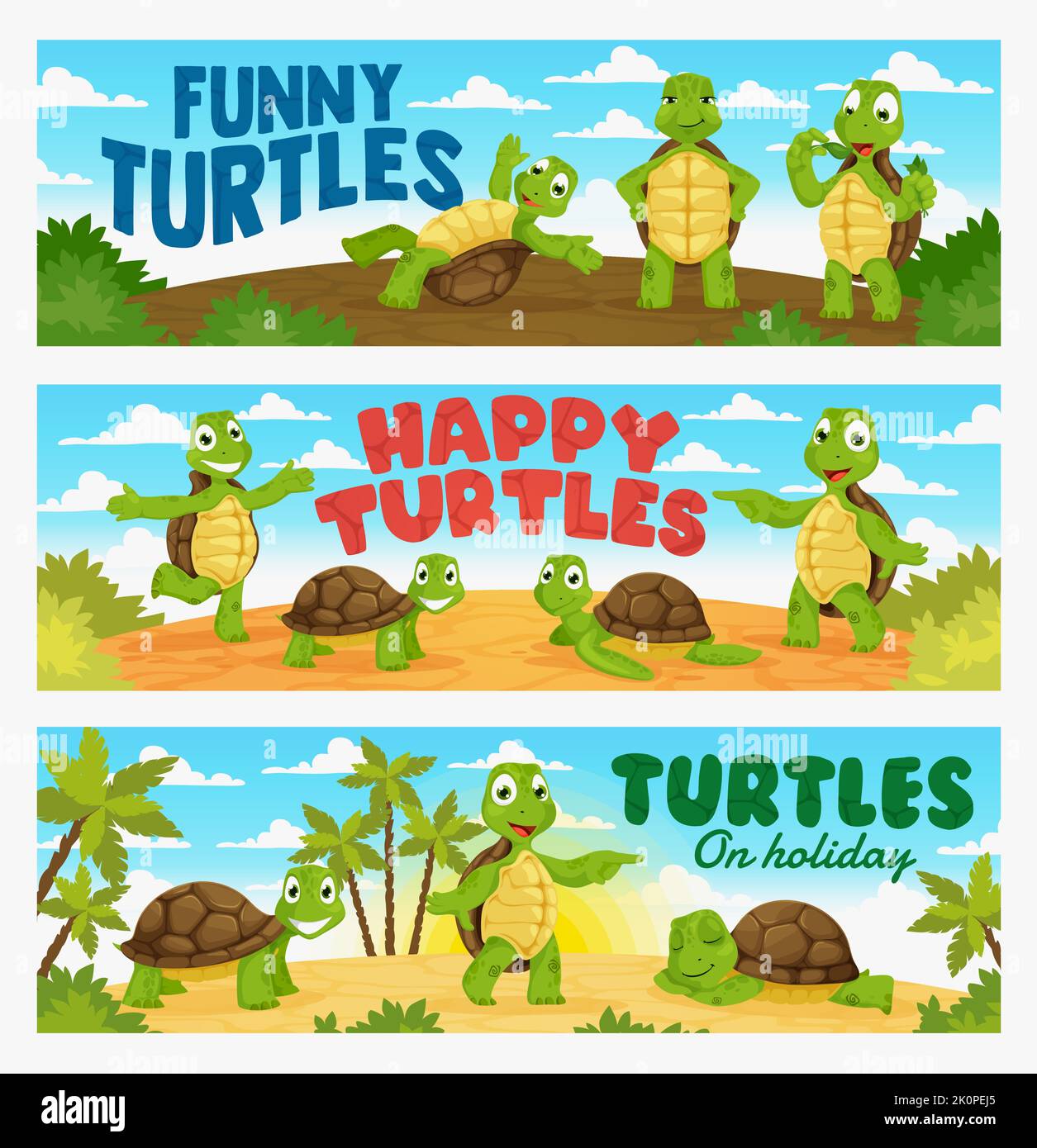 Cartoon turtles, cute tortoise animal characters. Vector banners with ...