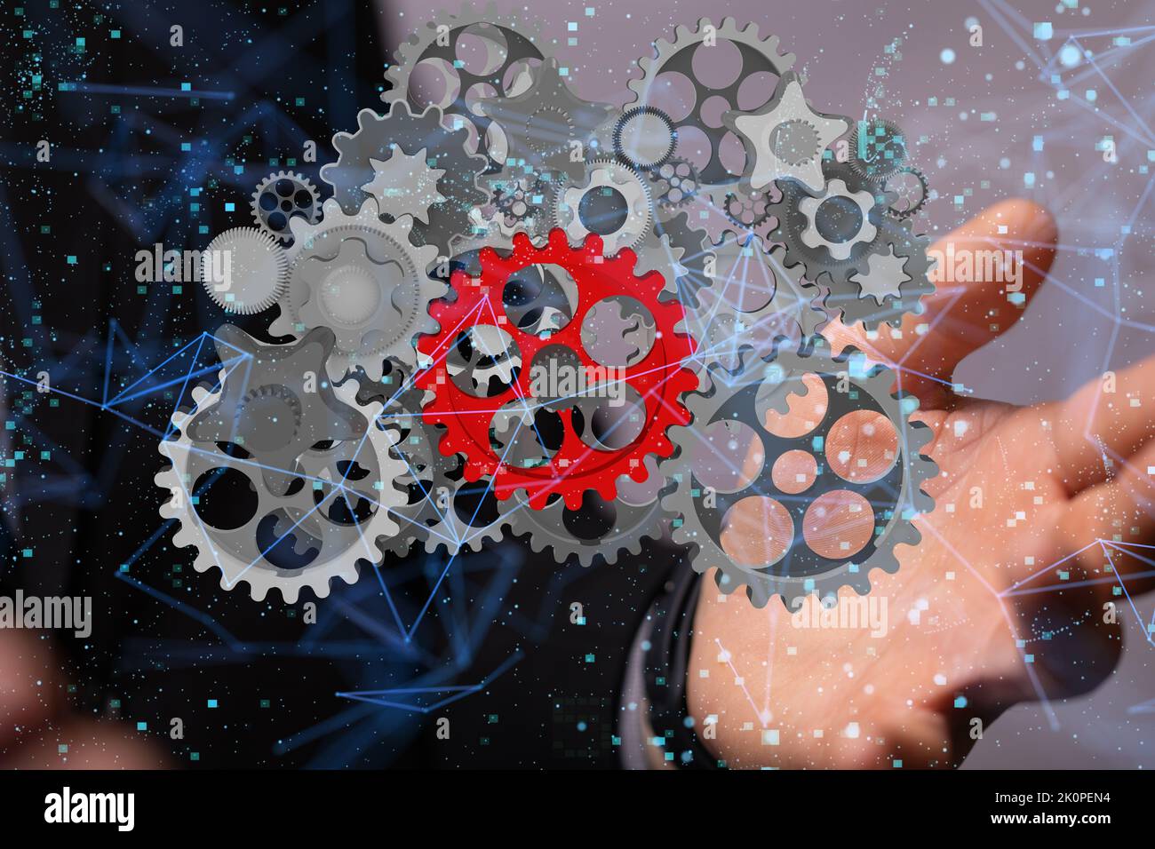 A 3d Rendering Of Floating Gears In A Mans Hand With Connecting Lines