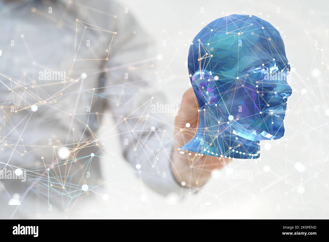 A 3D rendering of a human face with connecting lines and dots and a man ...