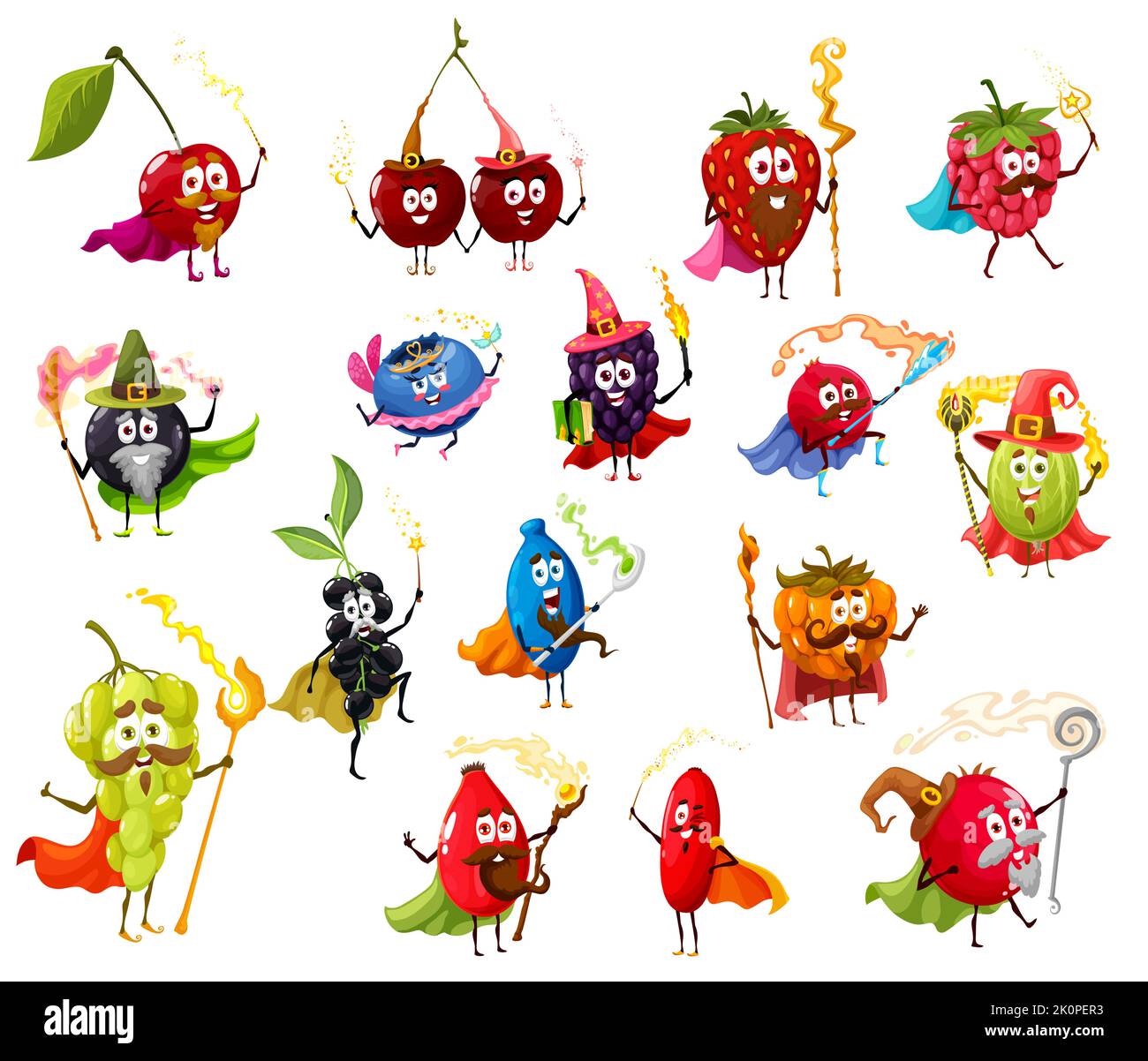 Garden berry fruits funny wizard, magician and witch characters, vector ...