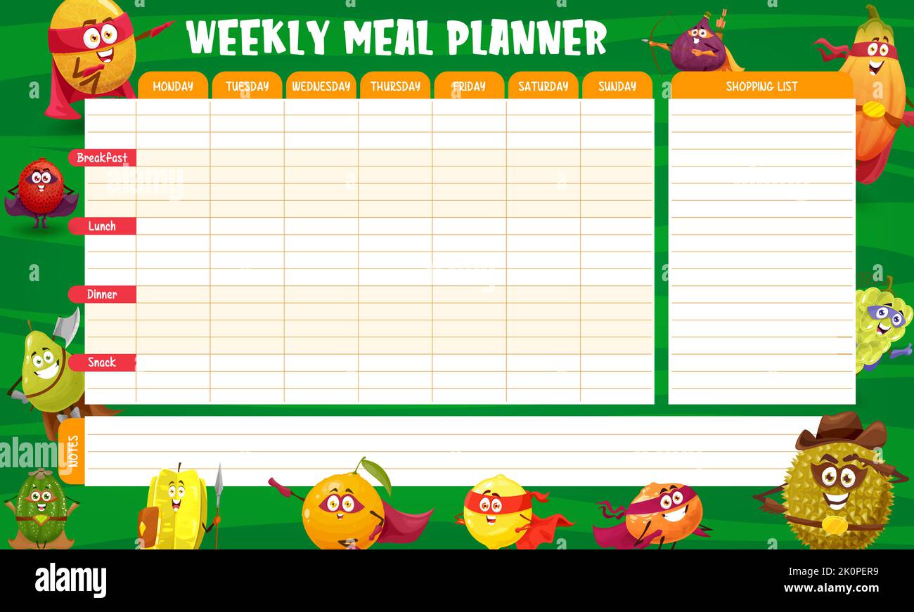 Weekly meal planner vector with cartoon fruit superhero and defender ...