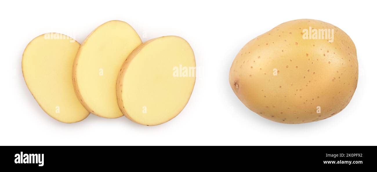 Young slice potato isolated on white background. Harvest new. Top view ...