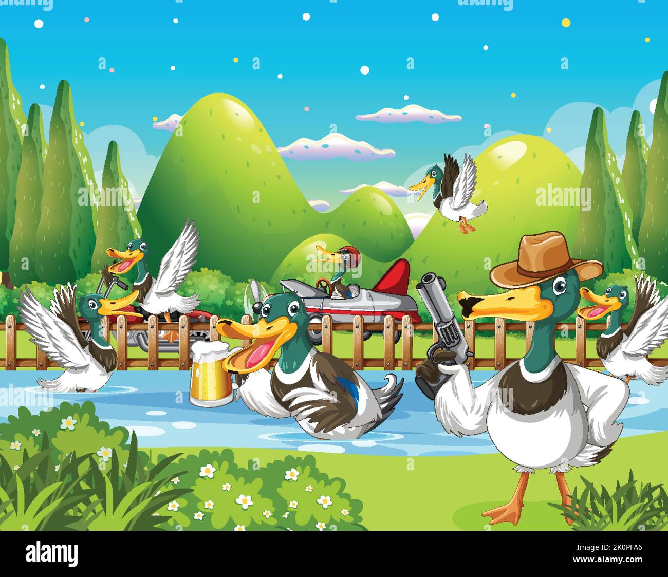Outdoor scene with cartoon ducks illustration Stock Vector Image & Art ...