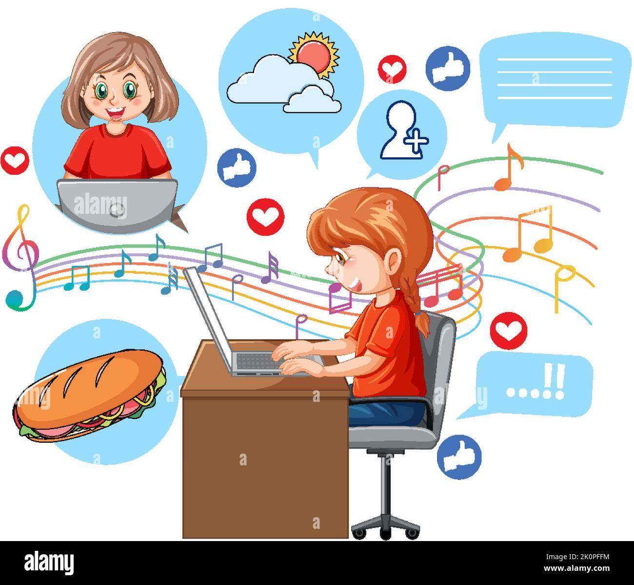 Cute girl browsing social media on laptop illustration Stock Vector ...
