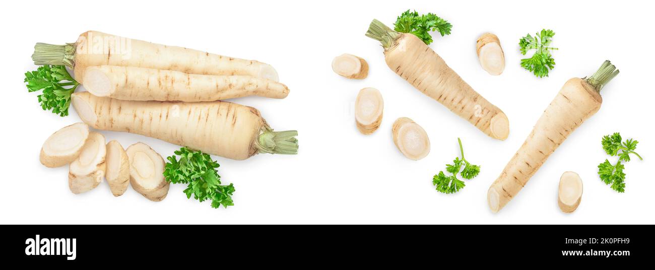 Parsley root with slices and leaves isolated on white background, Top ...
