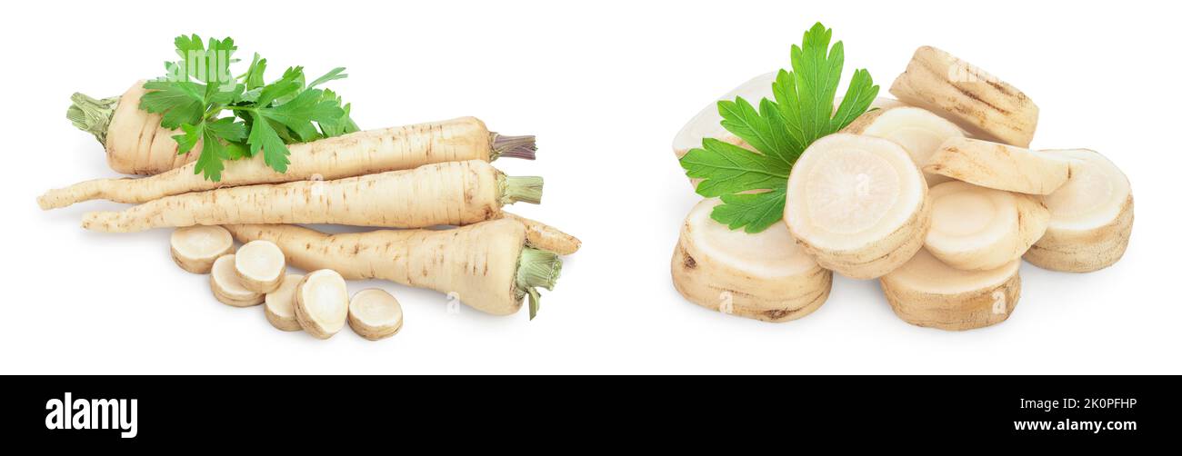 Parsley root with slices and leaves isolated on white background Stock ...