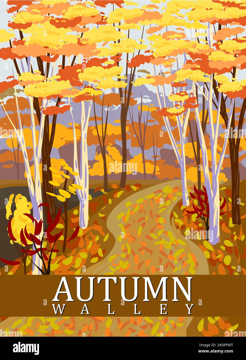 Autumn park valley, forest trail, walkway, trees yellow foliage. Poster ...