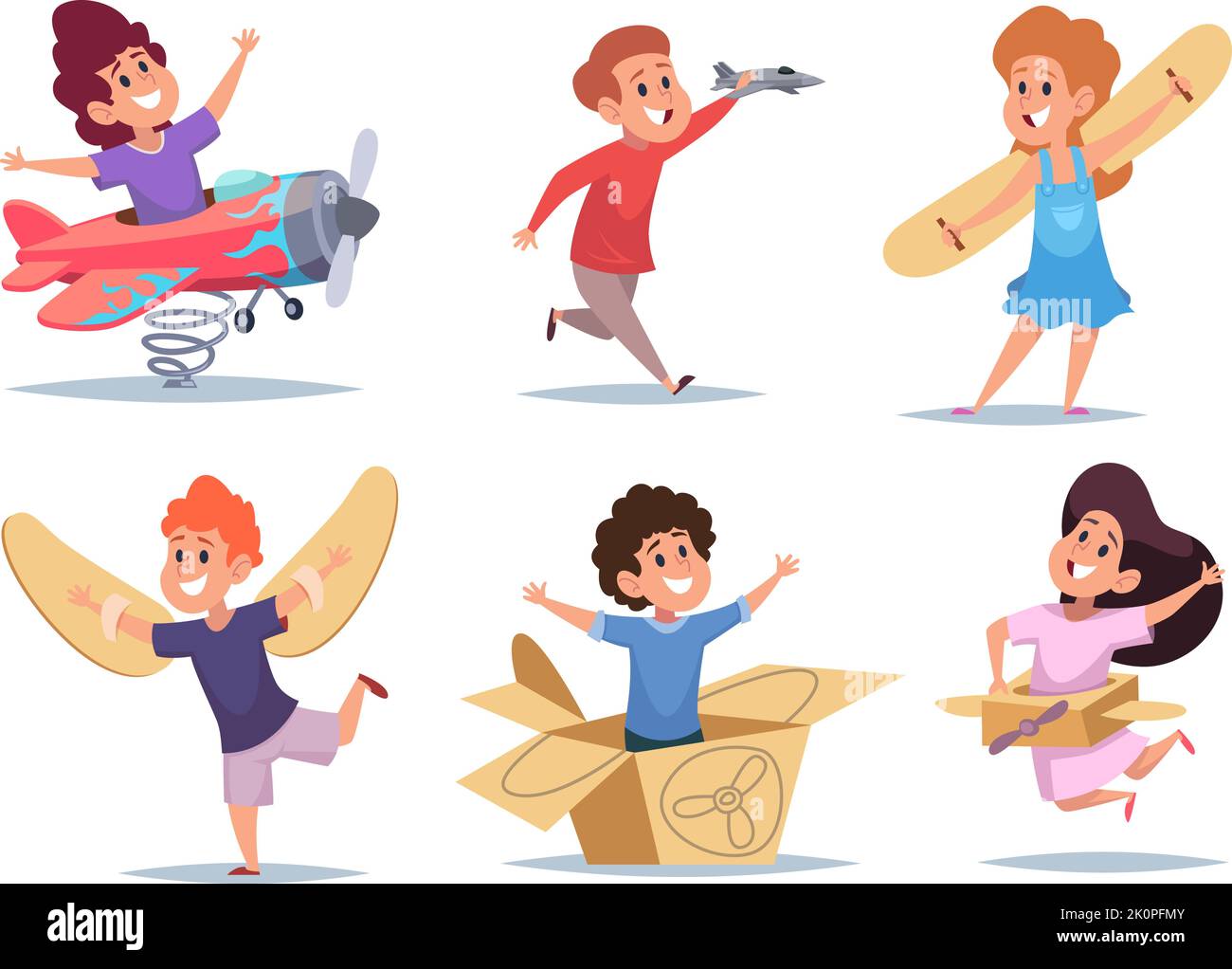 Kids pilots. Children playing in action poses running in aviator ...