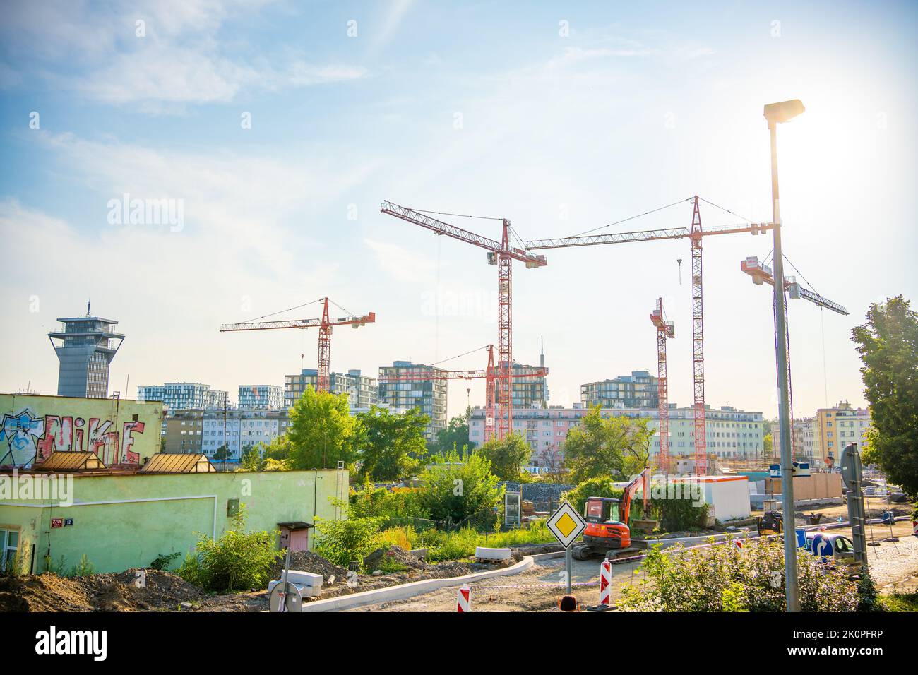 Prague, Czech republic - August 30, 2022: Big area under construction site with building ...