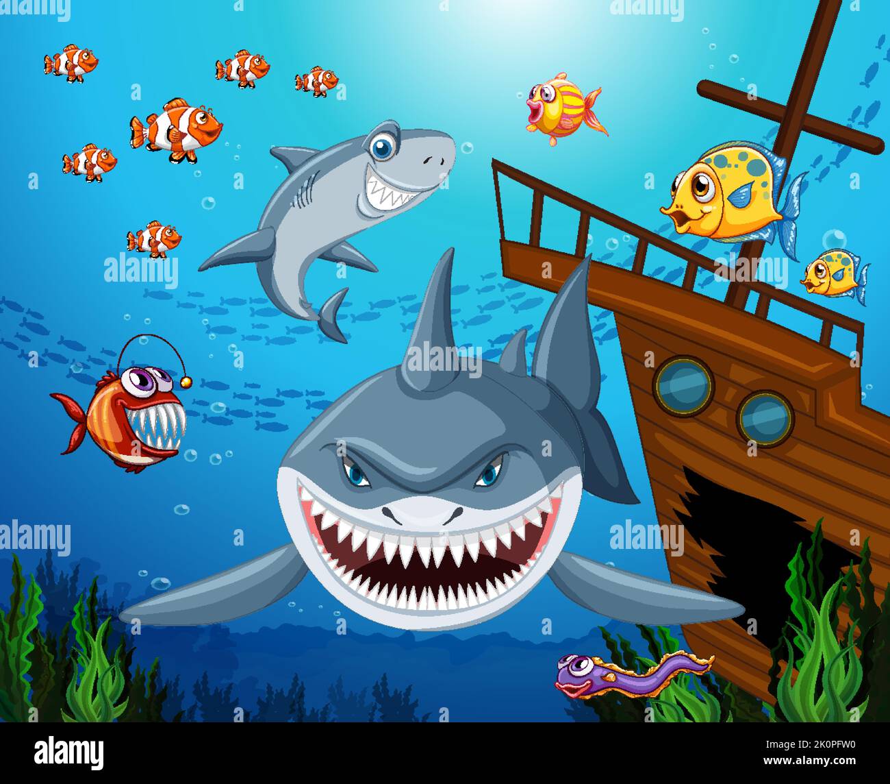 Angry shark underwater ocean scene illustration Stock Vector Image ...