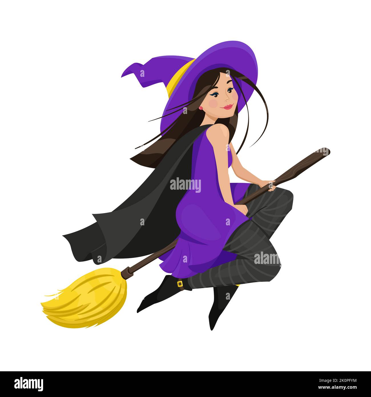 A cute witch in a cloak and stockings flew on a broomstick. Vector ...