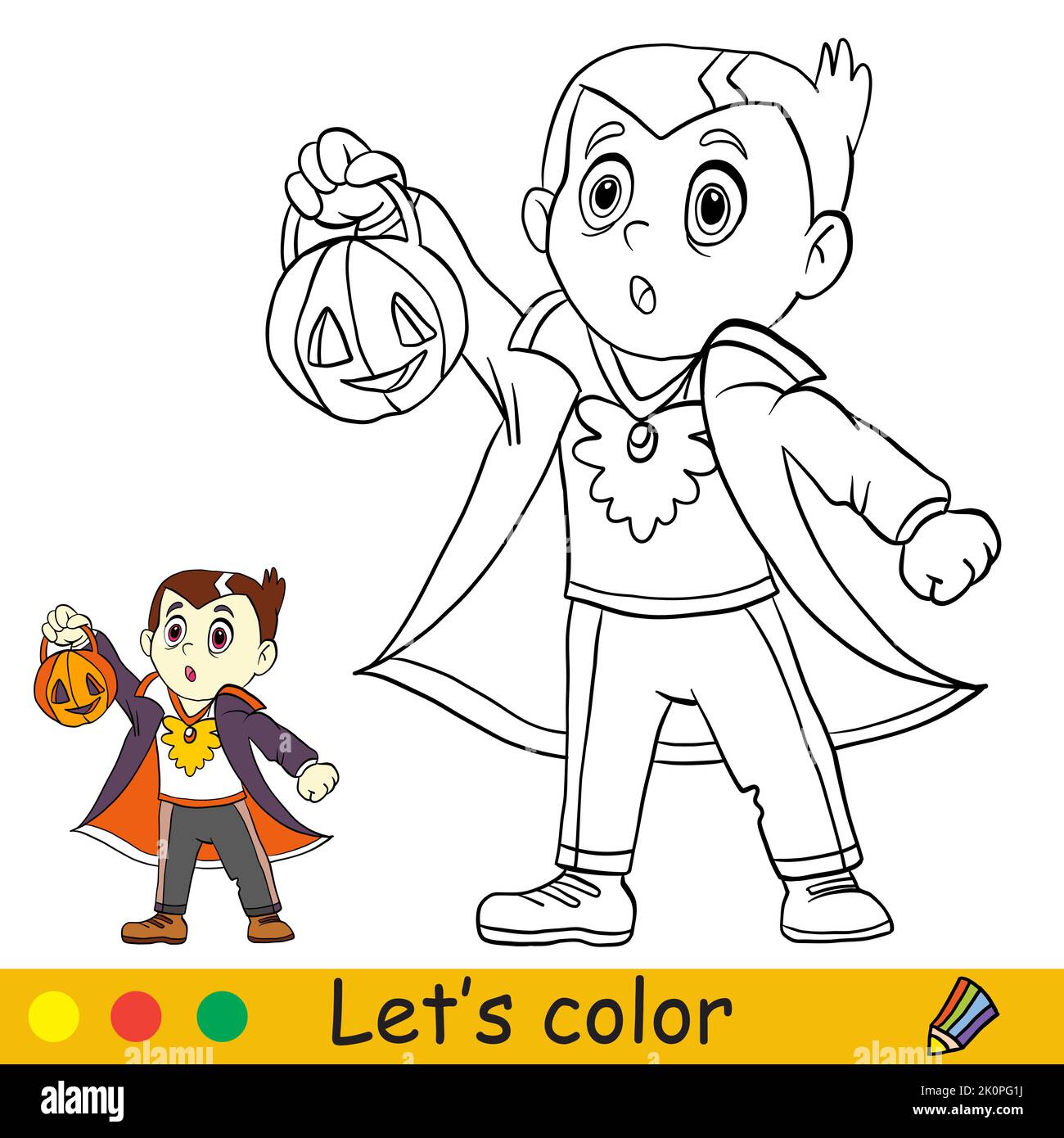 Cute little scared vampire boy with a pumpkin lantern. Halloween ...