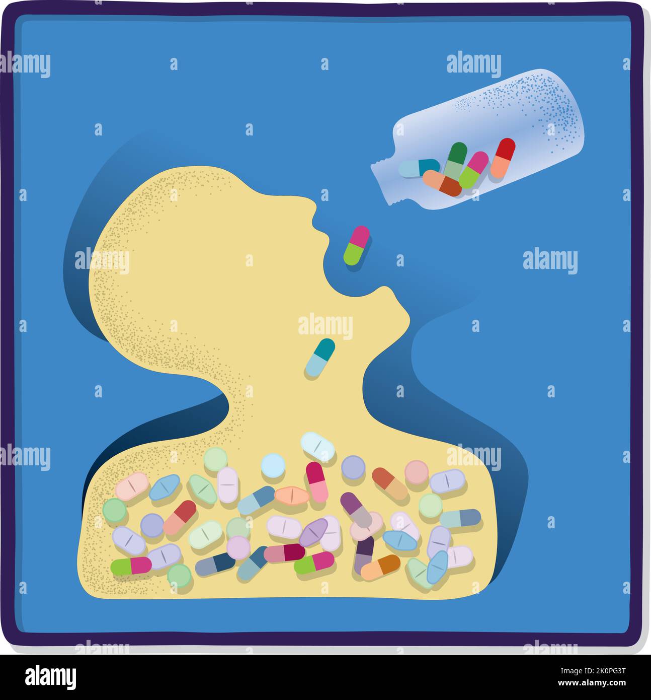 Abusing medicines, schematic illustration of human figure swallowing ...