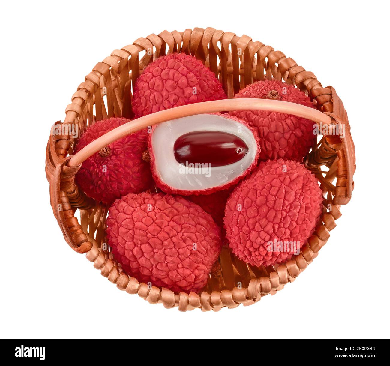 lychee fruit in wicker basket isolated on white background. Top view ...