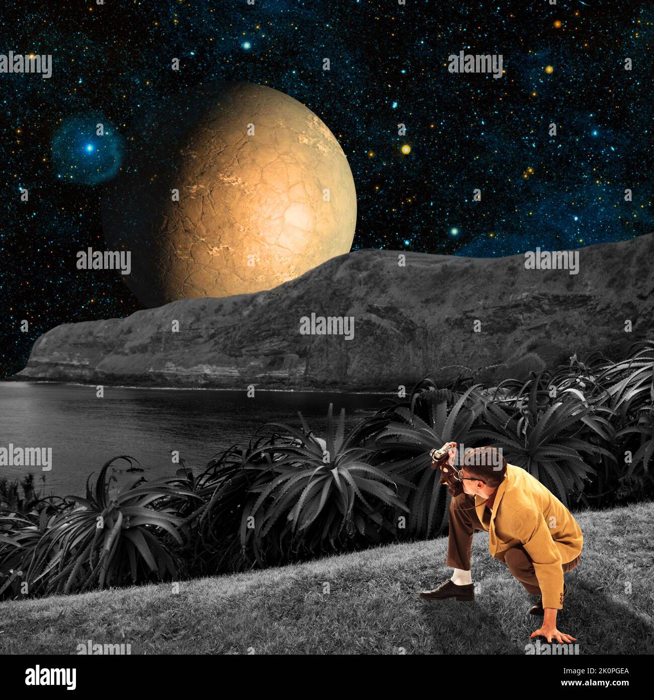 Contemporary art collage. Young man, explorer in retro costume taking ...