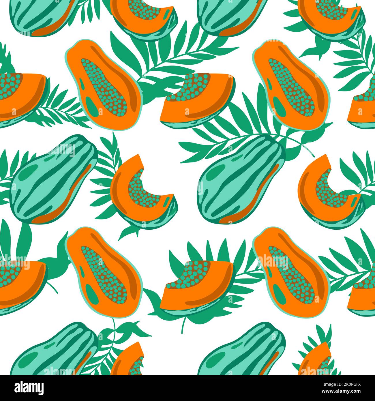 Seamless pattern of stylized papaya and tropical leaves, drawn elements ...