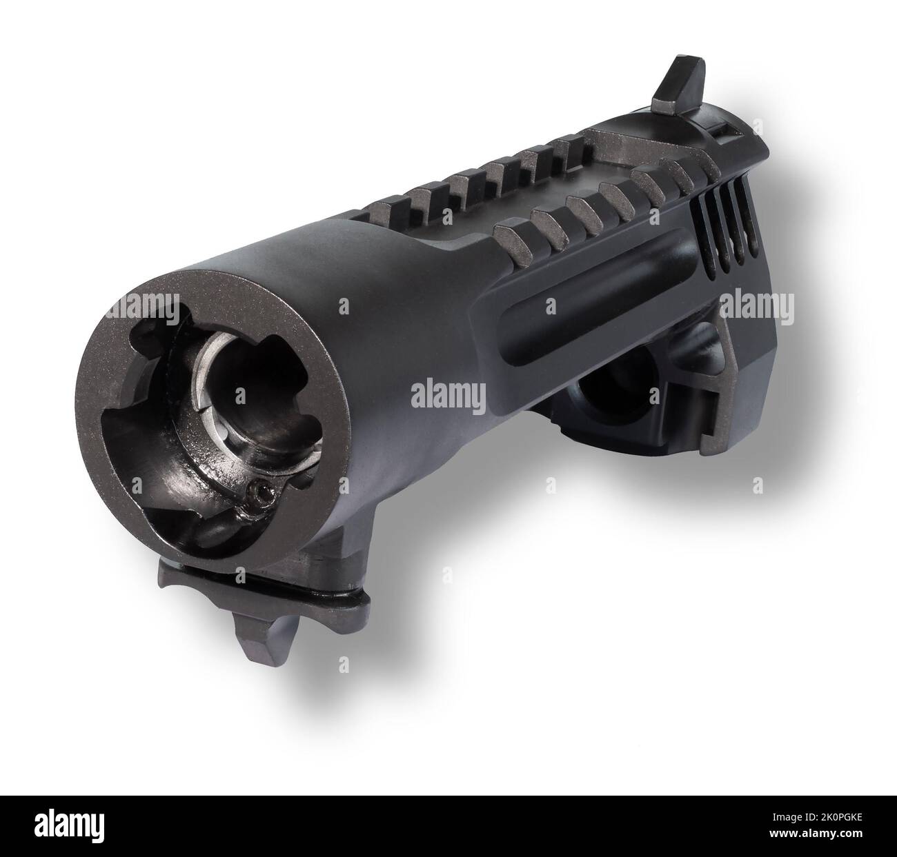 View of the slide and barrel of a semi-automatic handgun from the ...