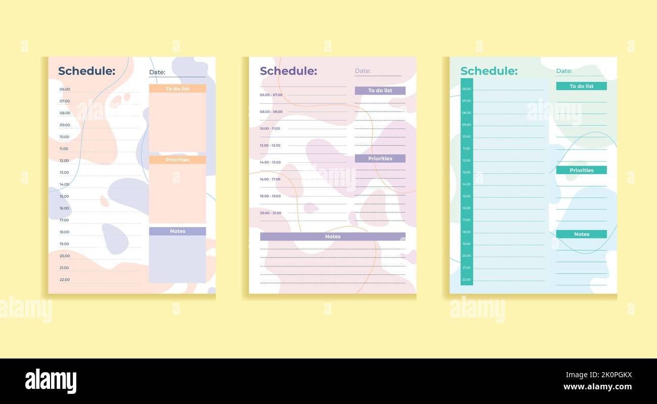 Three pages of daily planner templates in the light yellow background ...