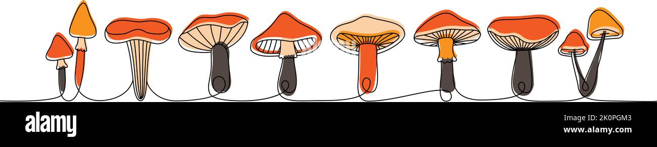 Set of Mushroom one line colored continuous drawing. Mushroom ...