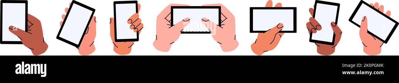 Hands holding mobile phones set. Hands holding phones with empty ...