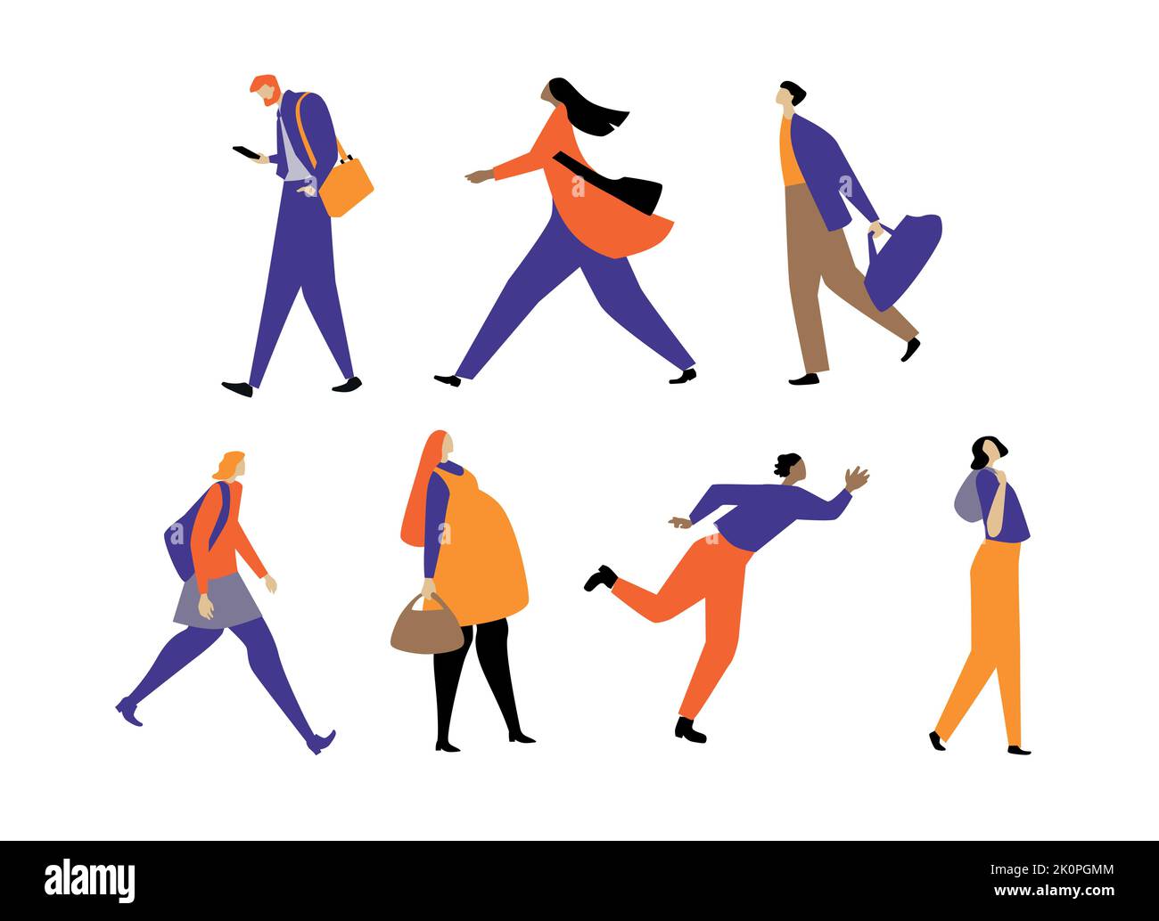 A vector of different people walking and rushing against a white ...