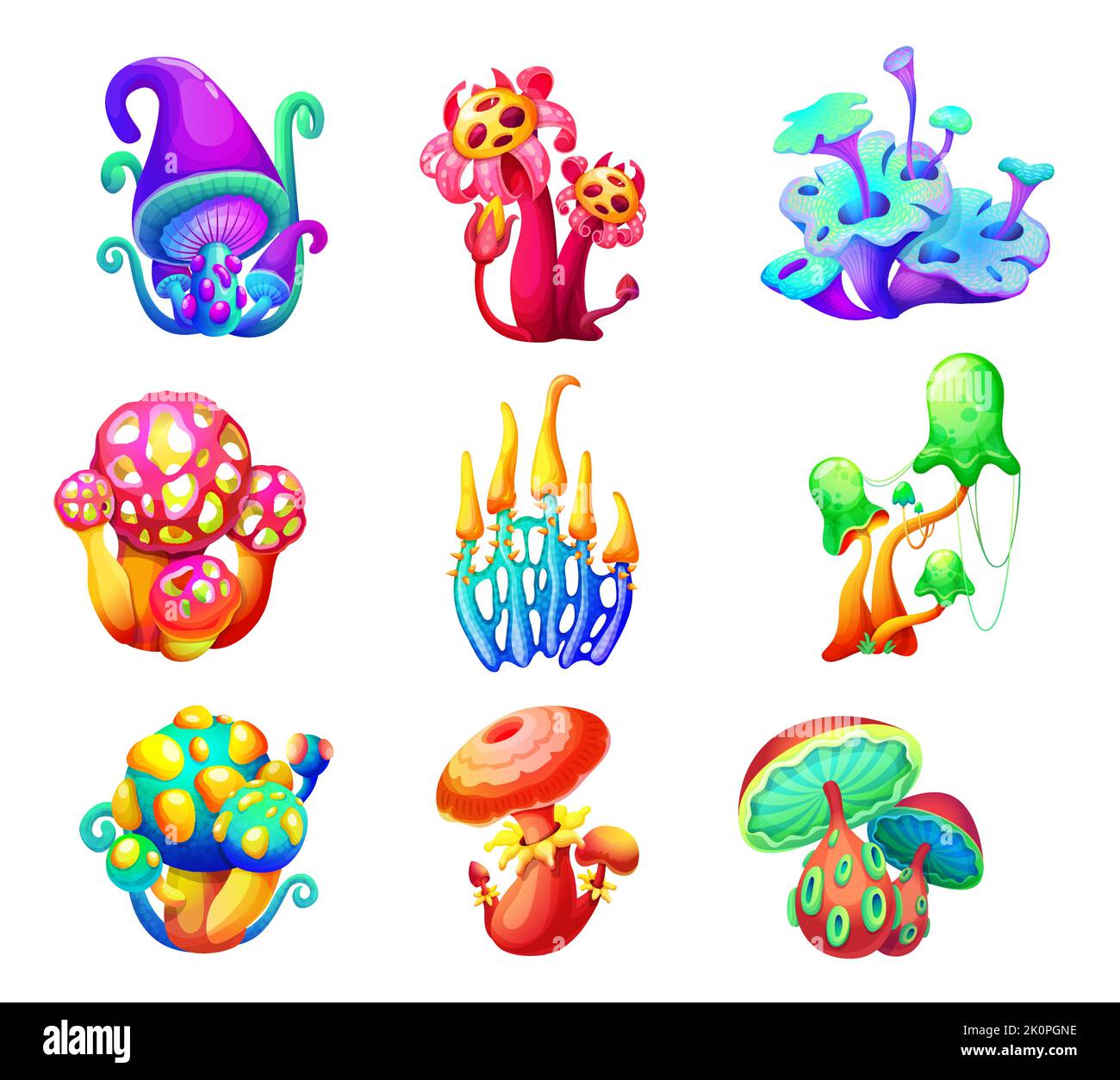 Magic fairy cartoon mushrooms. Vector fantasy forest or alien world ...