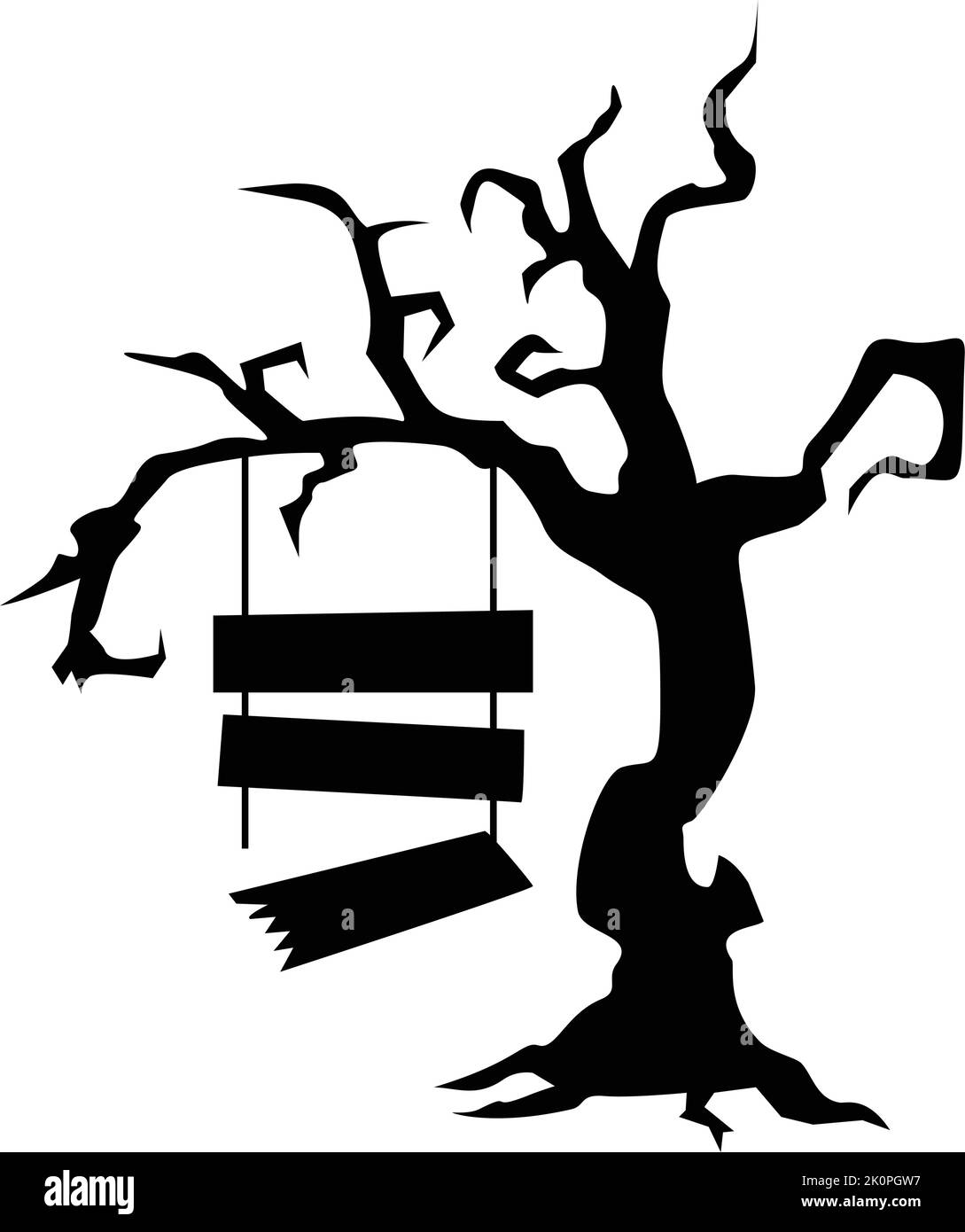 A spooky Halloween tree with a broken swing isolated on a white ...