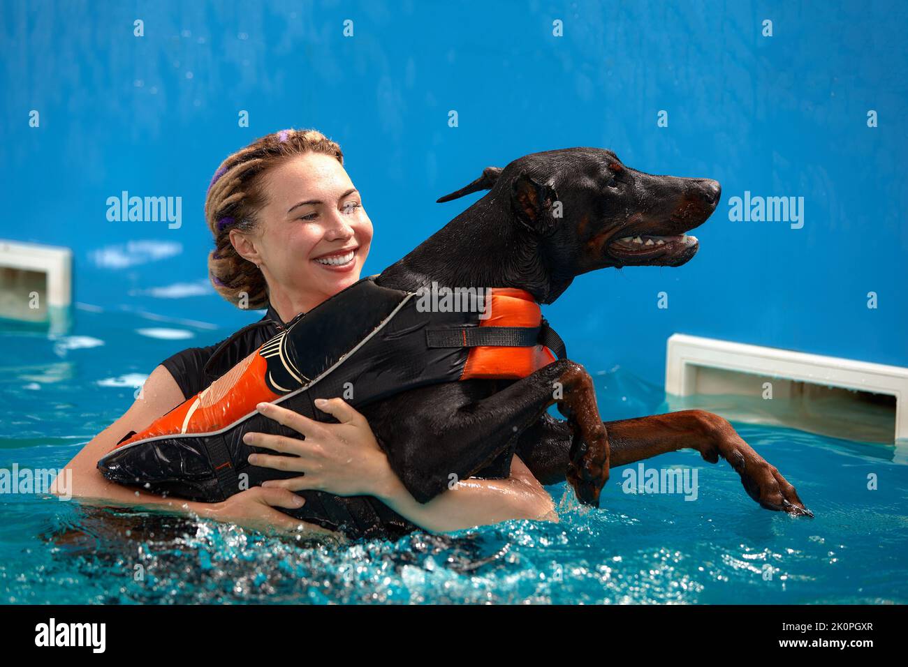 Dog in life jacket swim in the swimming pool with coach. Pet rehabilitation. Recovery training ...