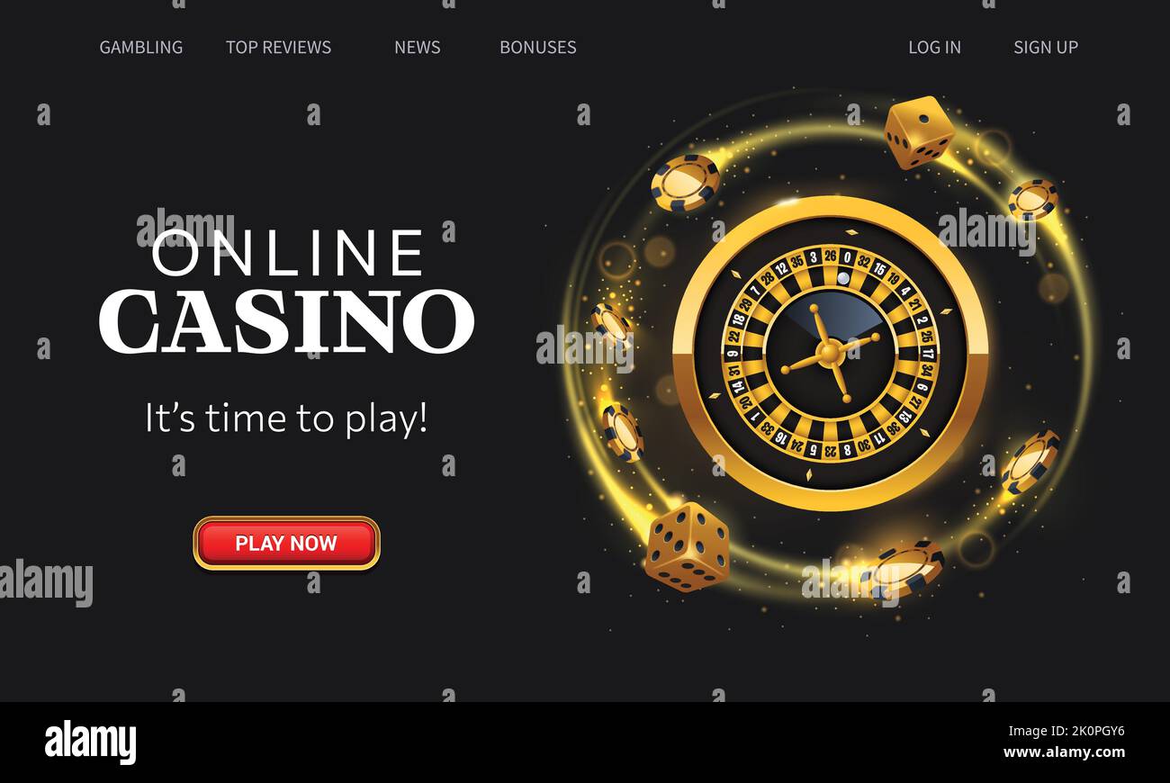 Casino online landing page. Golden roulette wheel, gambling chips and ...