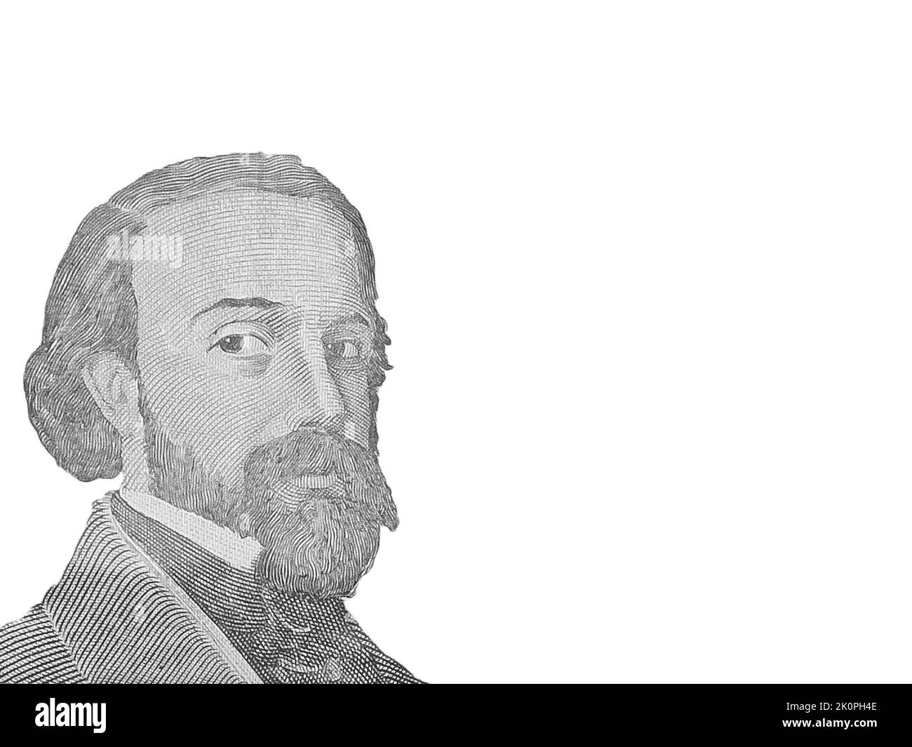 A drawing of Djura Jaksic as depicted on Dinar banknote on a white ...