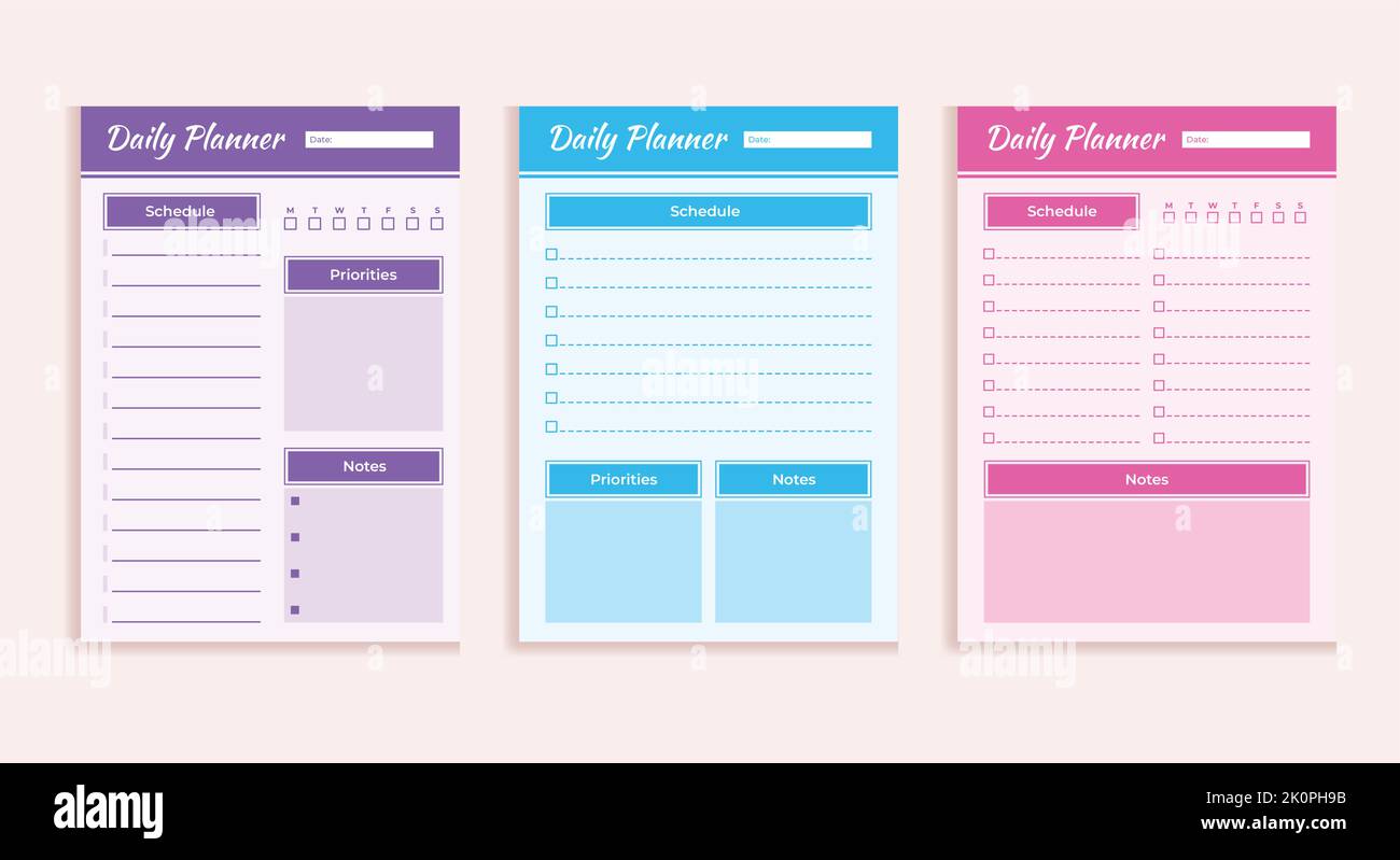 The purple blue and pink colored planner templates for daily weekly and ...