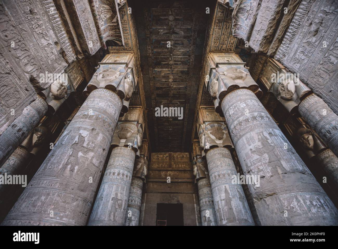 View to an Ancient Egyptian Painted Pillars of the Dendera Temple ...