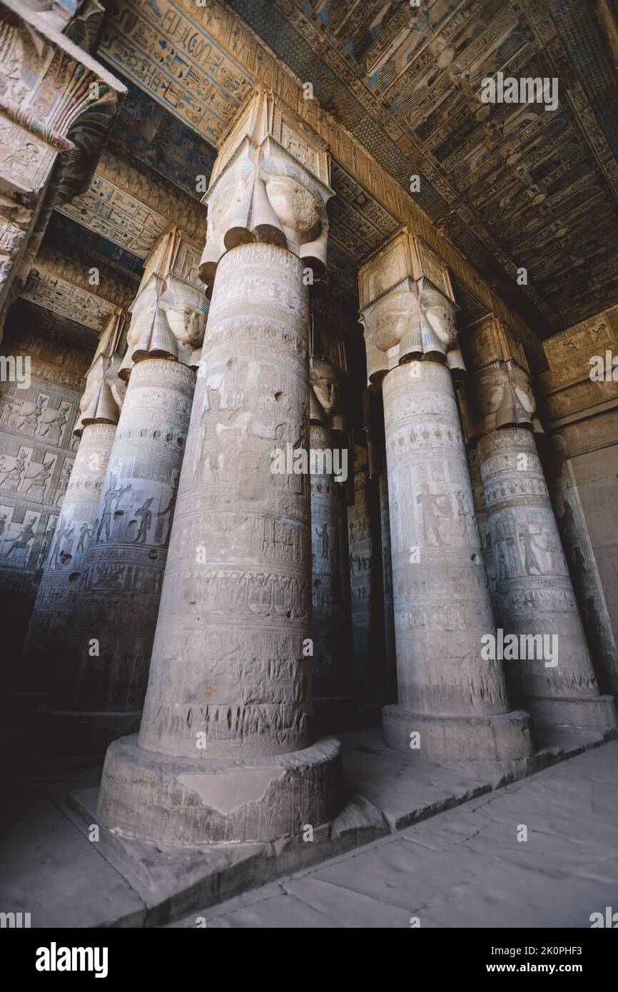 View to an Ancient Egyptian Painted Pillars of the Dendera Temple ...