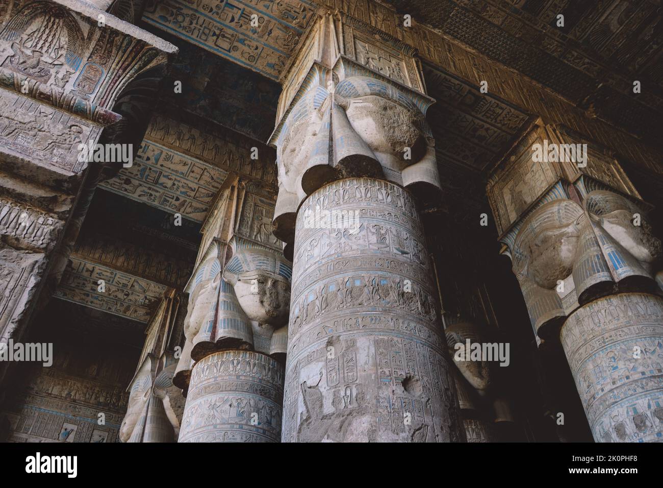 View to an Ancient Egyptian Painted Pillars of the Dendera Temple ...