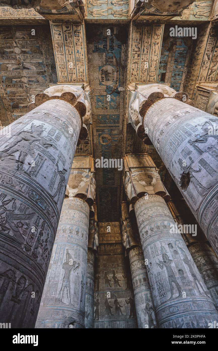 View to an Ancient Egyptian Painted Pillars of the Dendera Temple ...