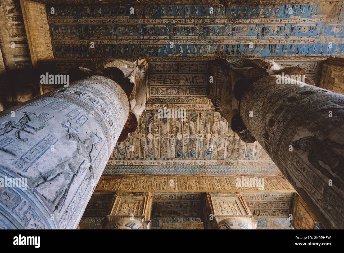 View to an Ancient Egyptian Painted Pillars of the Dendera Temple complex in south-east of ...