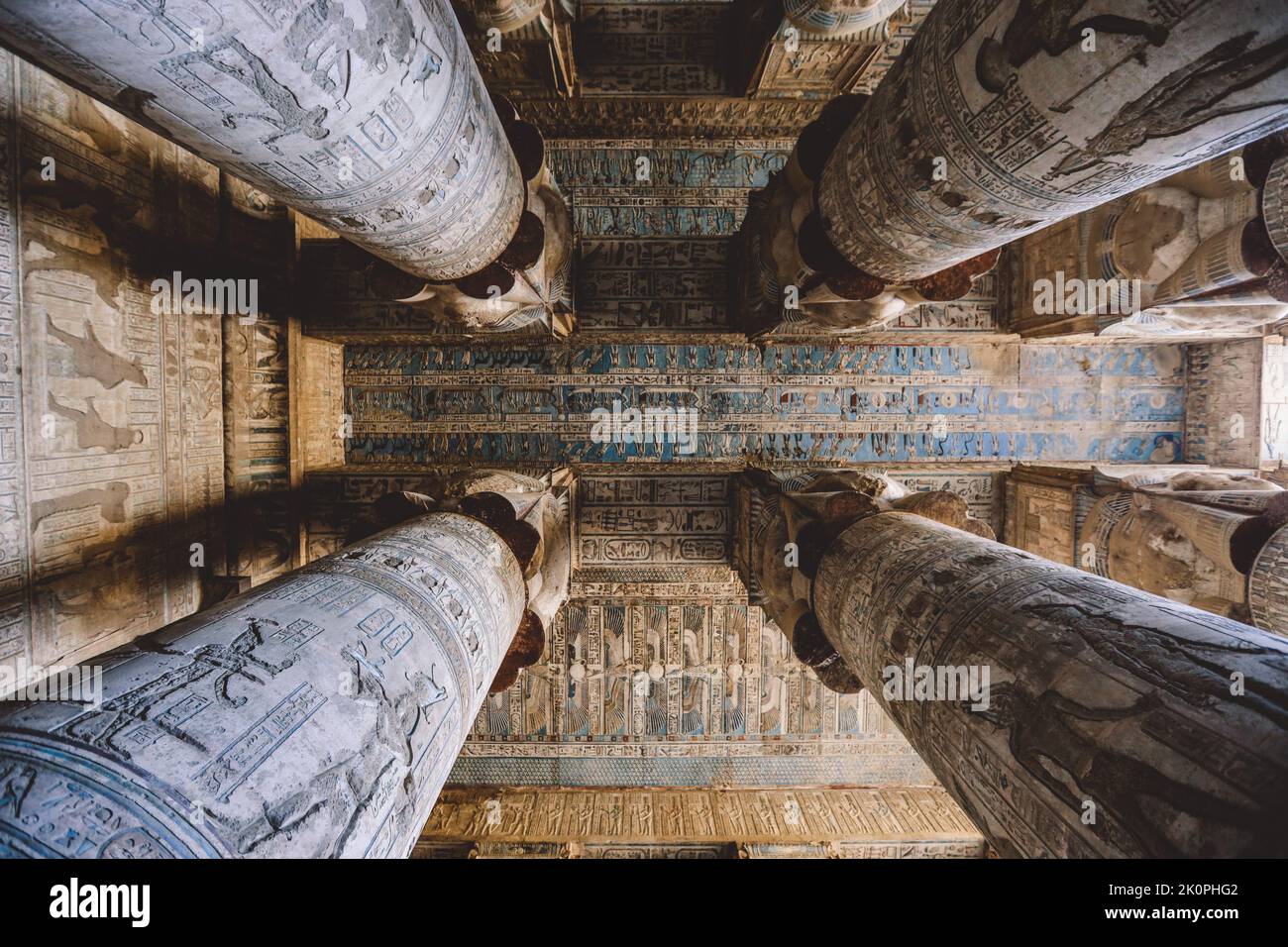 View to an Ancient Egyptian Painted Pillars of the Dendera Temple ...