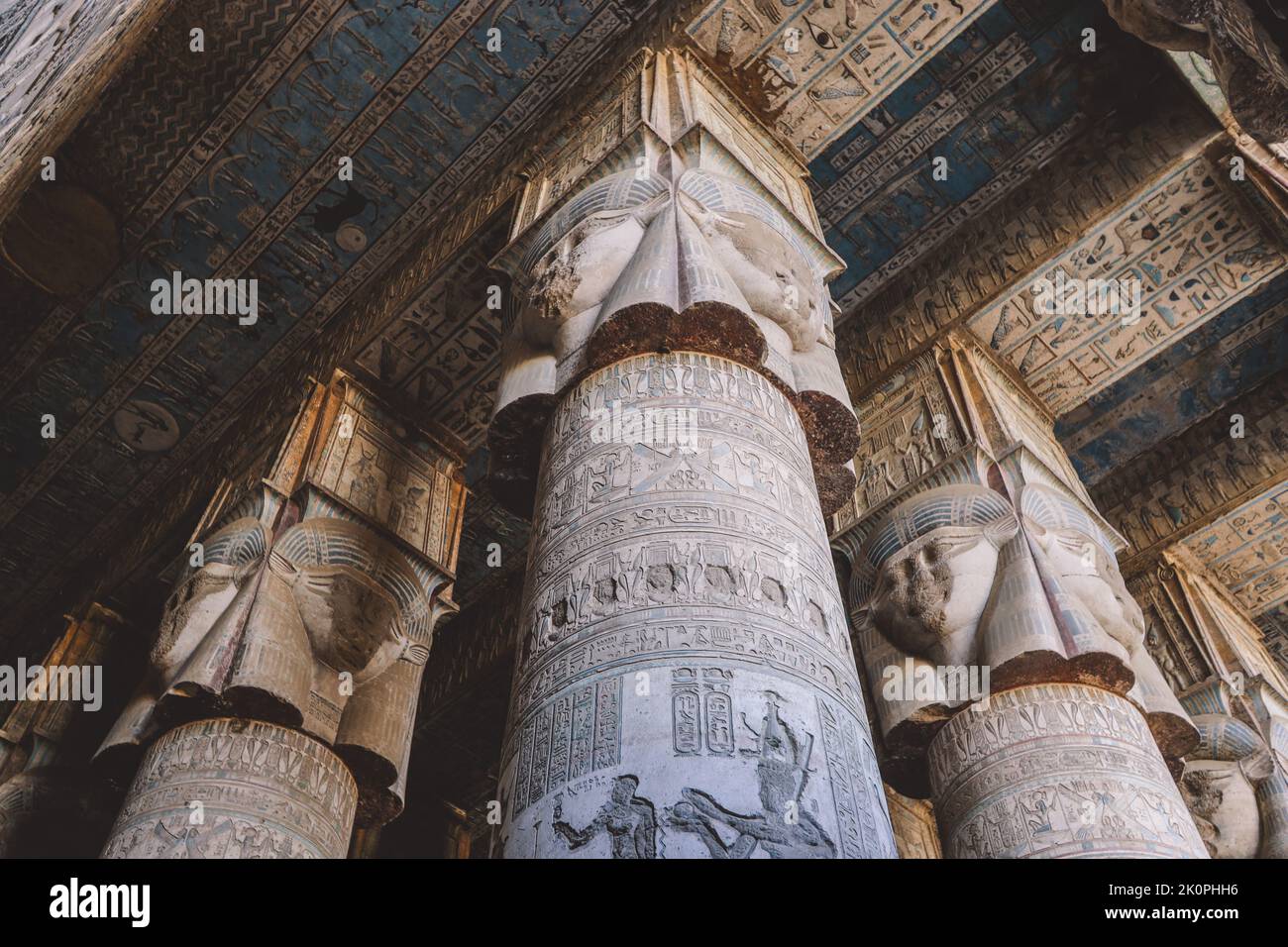 View to an Ancient Egyptian Painted Pillars of the Dendera Temple ...